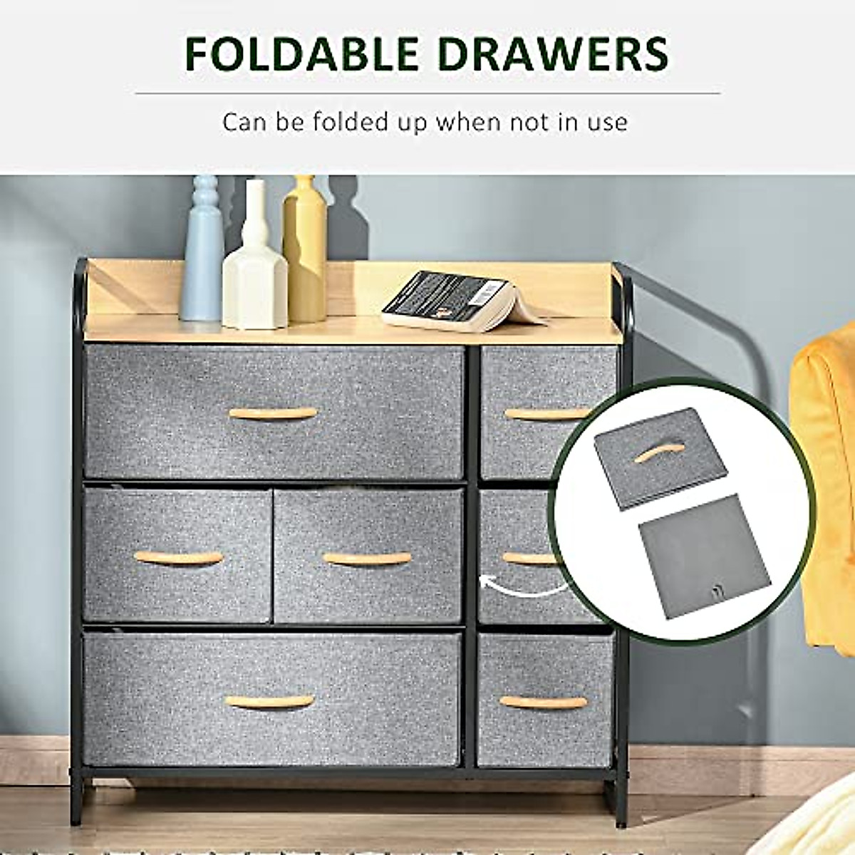 HOMCOM 7-Drawer Dresser, Fabric Chest of Drawers, 3-Tier Storage Organizer for Bedroom Entryway, Tower Unit with Steel Frame Wooden Top, Light Grey