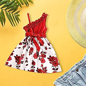 Toddler Kids Baby Girls Summer Casual Sleeveless One Shoulder Strap Floral Pattern Dress Party Kids (Red, 5-6 Years)