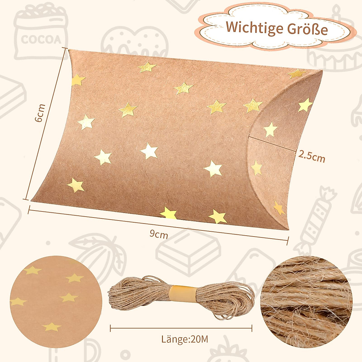 100 Pieces Small Gift Pillow Boxes Pillow Boxes for Gifts Kraft New Year Gift Box Christmas Pillow Boxes Pillow Gift Boxes with Jute String for Wedding New year Present and Birthday Party Favor