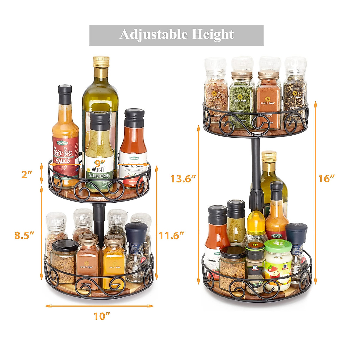 Y&M 2 Tier Lazy Susan, 9” & 10” Acacia Wood Lazy Susan Turntable Organizer, Height Adjustable Spice Rack with Steel Sides, Spice Jars Organization for Cabinet, Pantry, Kitchen, Bathroom, Countertop