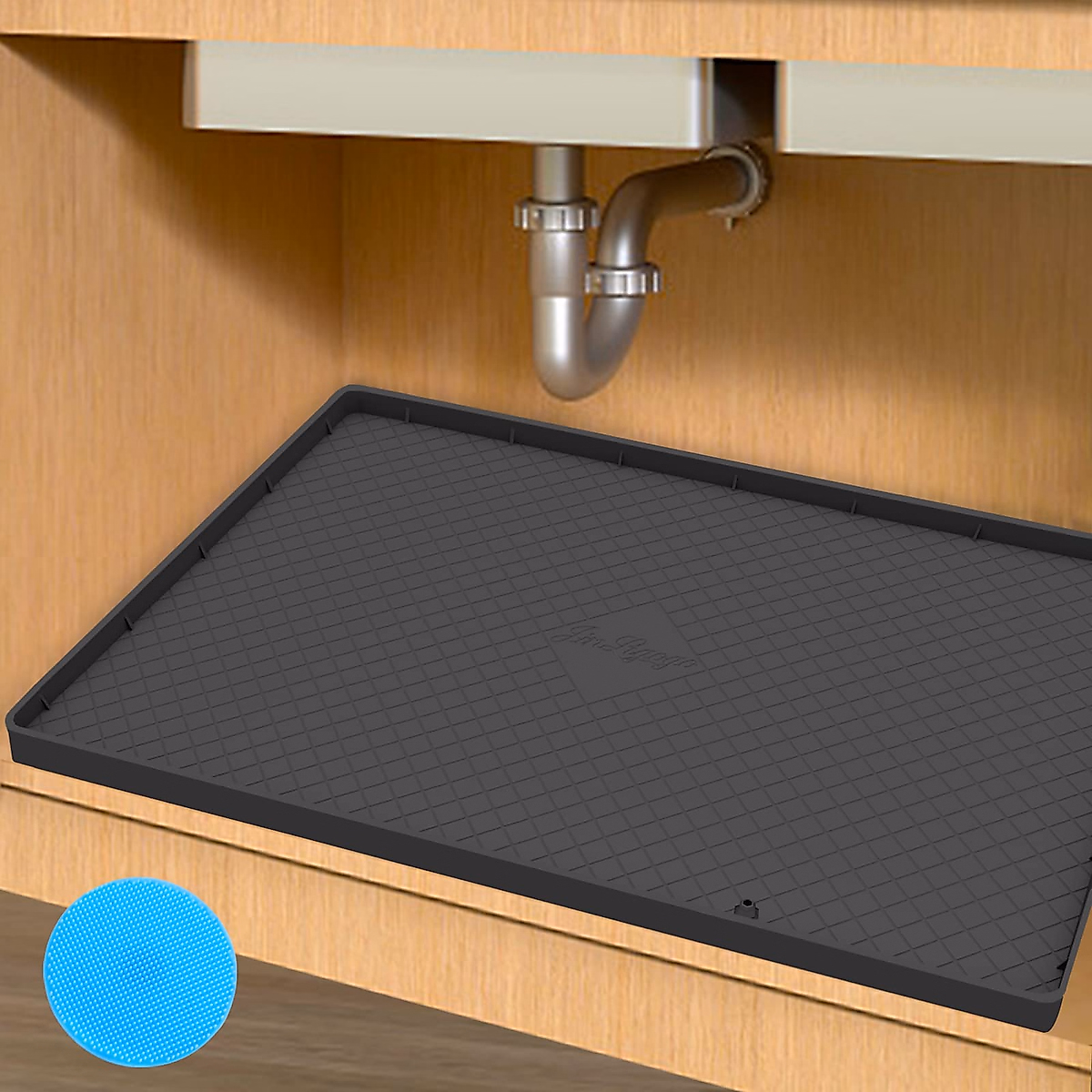 Mats Under Sink Kitchen Cabinet Mat, 34" x 22" flexible waterproof Silicone Cabinet Protector & Drip Tray Liner Unique Drain Hole Design. Hold up to 3.3 Gallons of Liquid(Black)