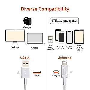 Amazon Basics USB-A to Lightning Charger Cable, Nylon Braided Cord, MFi Certified Charger for Apple iPhone 14 13 12 11 X Xs Pro, Pro Max, Plus, iPad, 6 Foot, Dark Gray