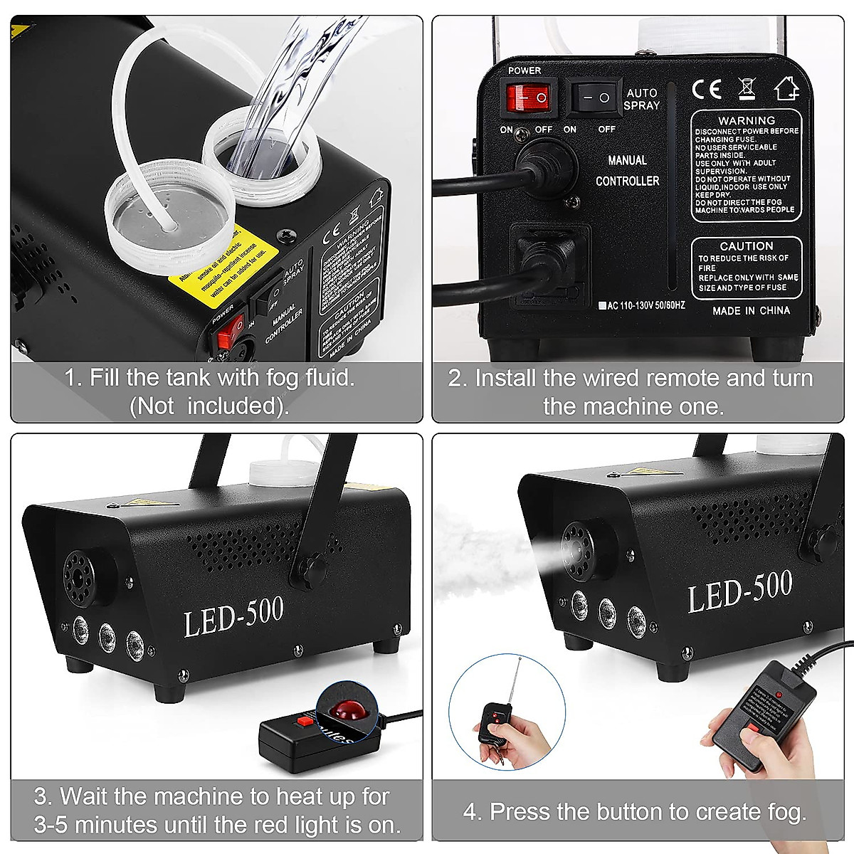 Fog Machine, 500W Portable Led Fog Machine with 11ft Wired Receiver and Wireless Remote Control, Three-Color Smoke Machine Suitable for Christmas/Valentine's Day/Halloween/Wedding/Party/DJ (Black)