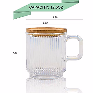Lysenn Iridescent Glass Coffee Mug with Lid - Premium Classical Vertical Stripes Glass Tea Cup - for |Latte|Tea|Chocolate|Juice|Water| - Unleaded - Bamboo Lid - 12.5 Ounces