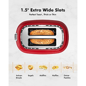 2 Slice Toaster with Extra Wide Slots & Removable Crumb Tray - 6 Browning Options, High Lift, Auto Shut Off & Frozen Function, Toast Fruit Bread, Bagel & Waffle, Red