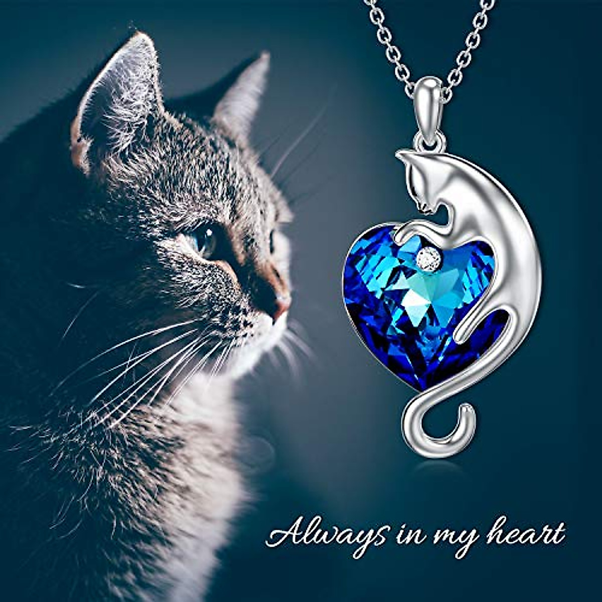 AOBOCO Cat Necklace Sterling Silver Cute Cat Pendant Jewelry with Ocean Blue Heart Crystal Gifts for Cat lover