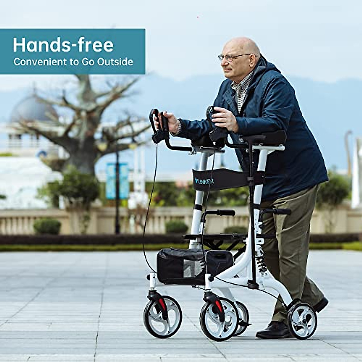 ELENKER Upright Rollator Walker, Stand Up Rollator Walker with Shock Absorber, 10” Front Wheels and Carrying Pouch, Suitable for Outdoor, White