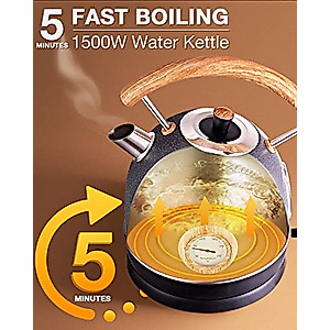 Electric Kettle - 1.7L Retro Tea Kettles for Boiling Water, Nature Stone Finish SMOLON Hot Water Boiler Teapot with Wood Pattern Handle, Food Grade Stainless Steel, Temperature Control, Auto Shut-off