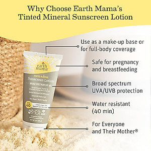 Earth Mama Tinted Mineral Sunscreen Lotion SPF 40, Contains Organic Argan and Red Raspberry Seed Oil, 3-Ounces