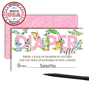 Watercolor Jungle Animals Diaper Raffle Tickets for Girl Baby Showers, 20 2" X 3” Double Sided Insert Cards for Games by AmandaCreation, Bring a Pack of Diapers to Win Favors & Prizes!
