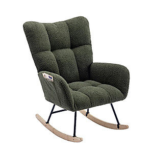 Rocking Chair Nursery, Teddy Upholstered Glider Rocker, Modern Accent Chair with High Backrest Padded Seat Pocket, Cozy Armchair Side Chair for Living Room, Bedroom, Office, Balcony, Dark Green