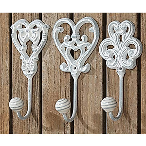 Romantic Chateaux Wall Hooks, Set of 3, Shabby French Country Style, Rustic White Finish, Cast Iron, Vintage Inspired, Striped Porcelain Caps, Each 2 3/4 L x 1 1/2 W x 5 1/2 H inches