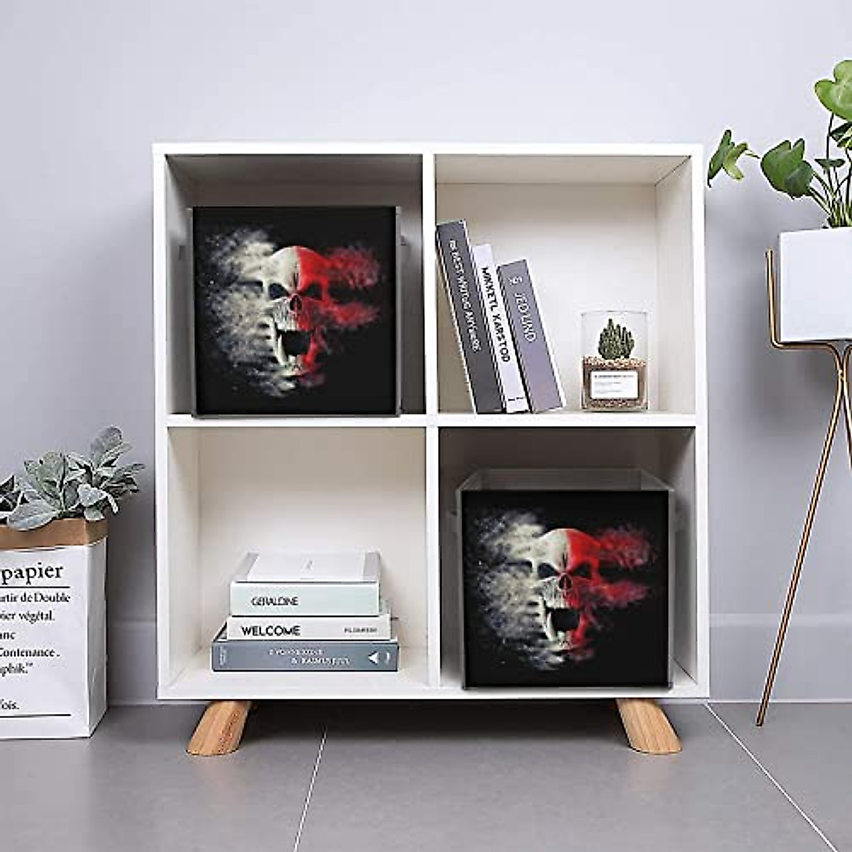 Screaming Demon Skull PU Leather Collapsible Storage Bins Canvas Cube Organizer Basket with Handles