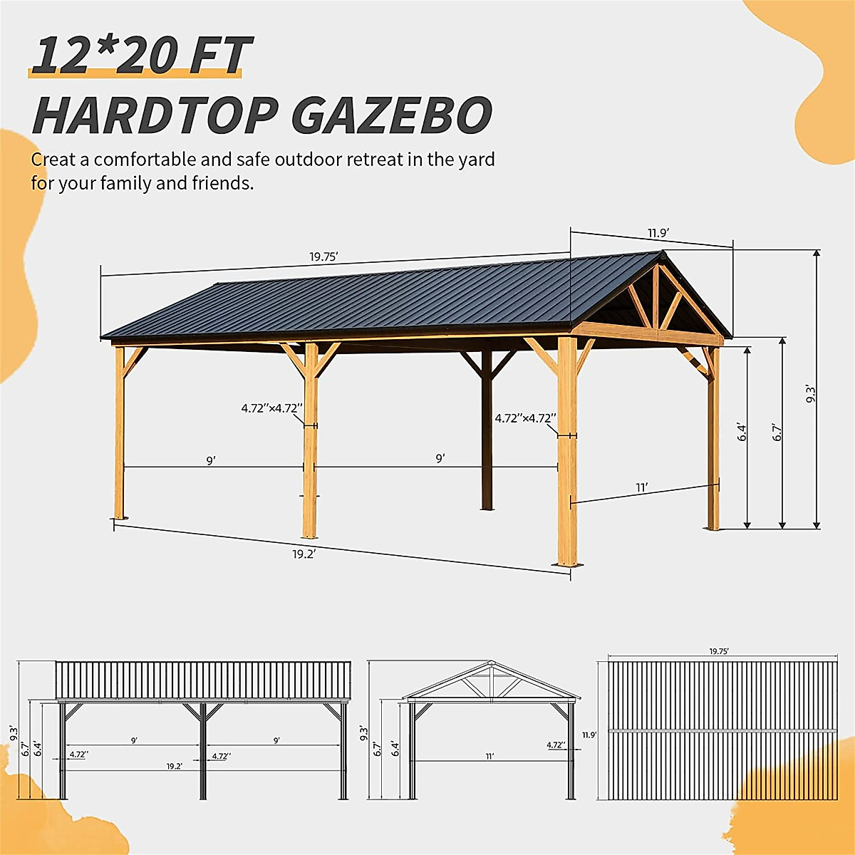 Evedy 12' x20' Wood Hardtop Gazebo, Solid Wood Hardtop Pavilion, Galvanized Steel Gable Roof Gazebo Pergola with Wood Grain Aluminum Frame, for Patio, Lawn, Garden, Easy Installation
