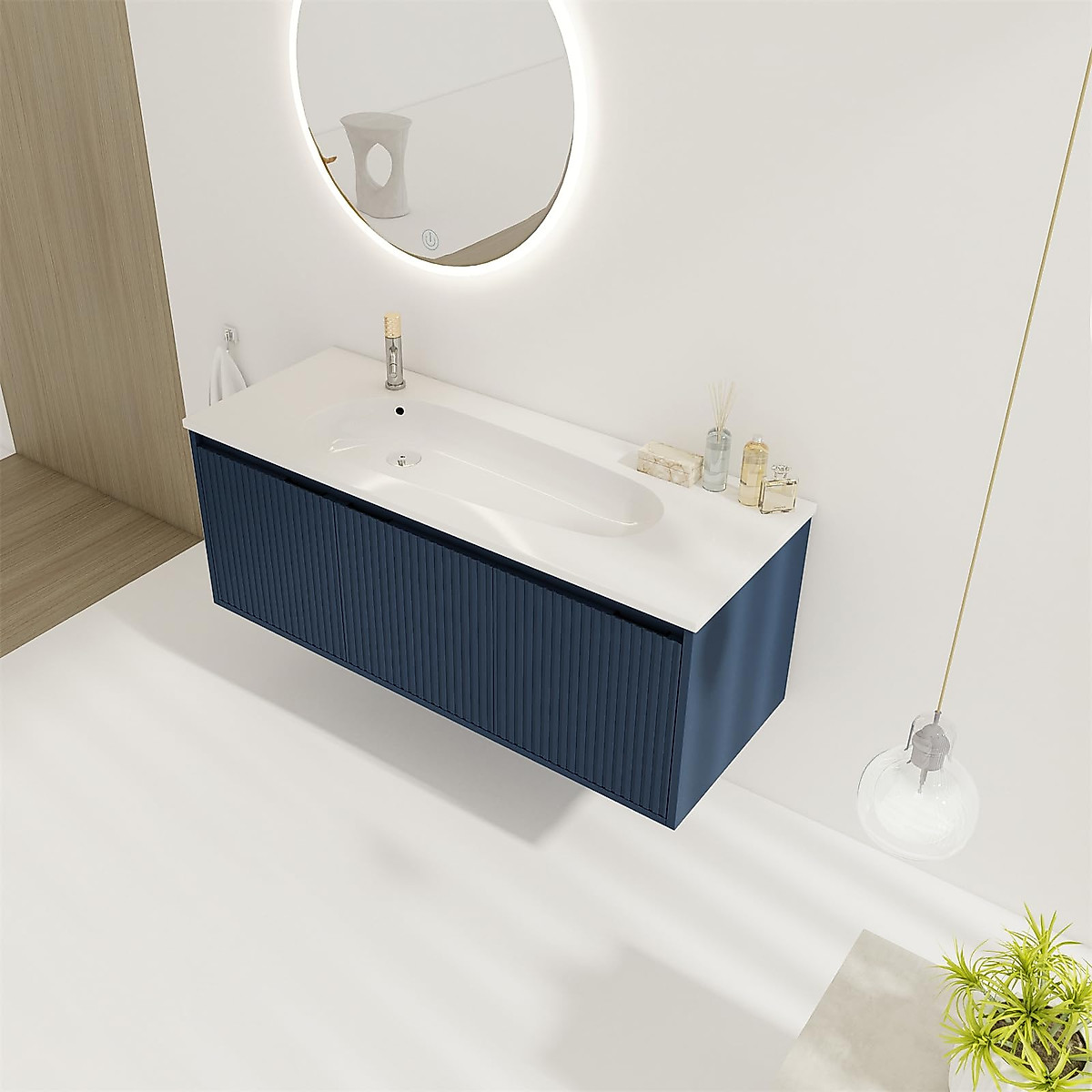 48" Wall Mount Bathroom Vanity with Drop-Shaped Resin Sink, Elegant Floating Bathroom Vanity and Sink Combo Set, Bathroom Vanities Cabinet with Doors and Hidden Handle (Blue, 48in)