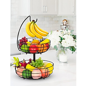 Bextcok 2 Tier Fruit Basket, Vegetables Fruit Bowl Storage with Banana Holder Hanger Hook Stand Organizer for Kitchen Countertop Counter, Black