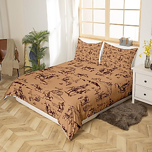 Kids Wild West Cowboy Bedding Set Full Size Western Decor Duvet Cover for Boys Girls Teens Bedroom Decor Rodeo Cowboy Style Comforter Cover Set Brown Bedspread Cover with 2 Pillow Case