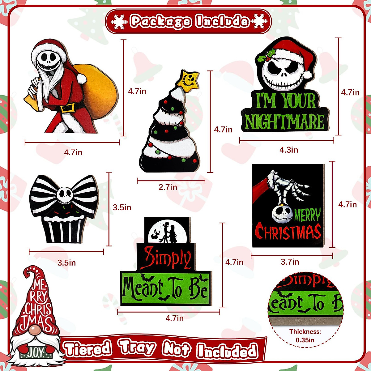 Guoofu Christmas Tiered Tray Decor, Night. mare BE Fore. Xmas Tray Decorations, Jack Skellington Santa Black Christmas Tree Wooden Signs, Rustic Holiday Home Decor for Tabletop Mantel
