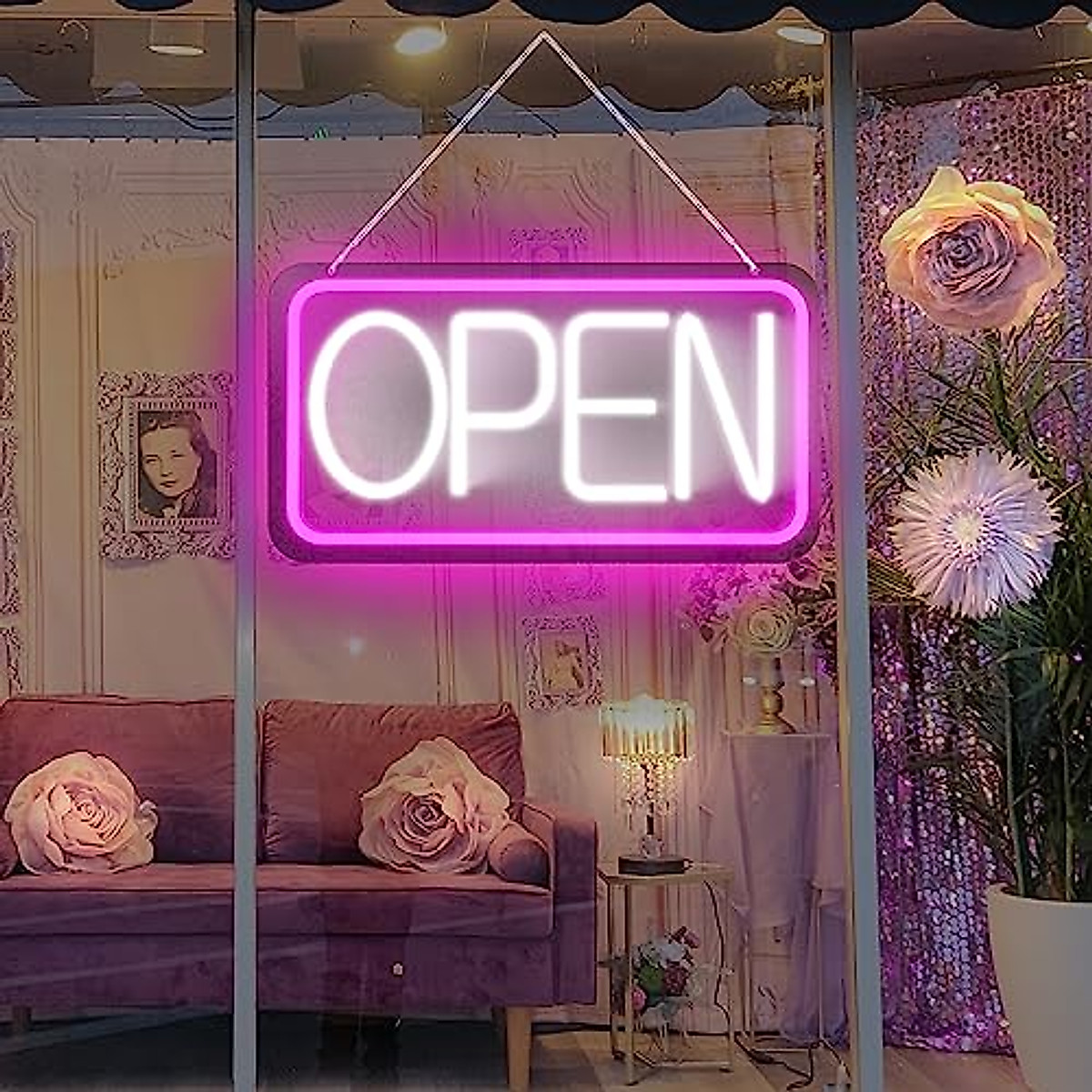 LED Open Signs for Business Ultra Bright Lighted Sign Open neon 16.5“ × 9”with ON/OFF Switch adapter for store window display, Party Bar Salon Hotel (White & Pink)