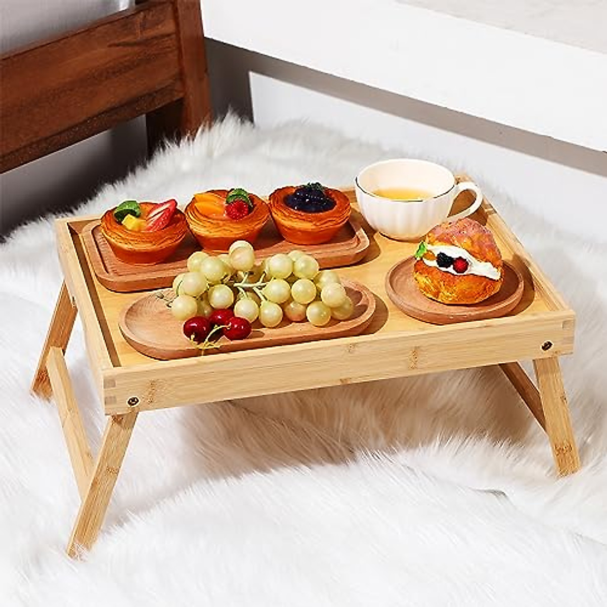 Tatuo 3 Pcs Bed Table Tray with Folding Legs and Handles Wooden Breakfast Tray Lap Snack Serving Tray Wood Laptop Desk for Eating Drawing Working Studying Dinner Bedroom Sofa Couch Kids (Bamboo)