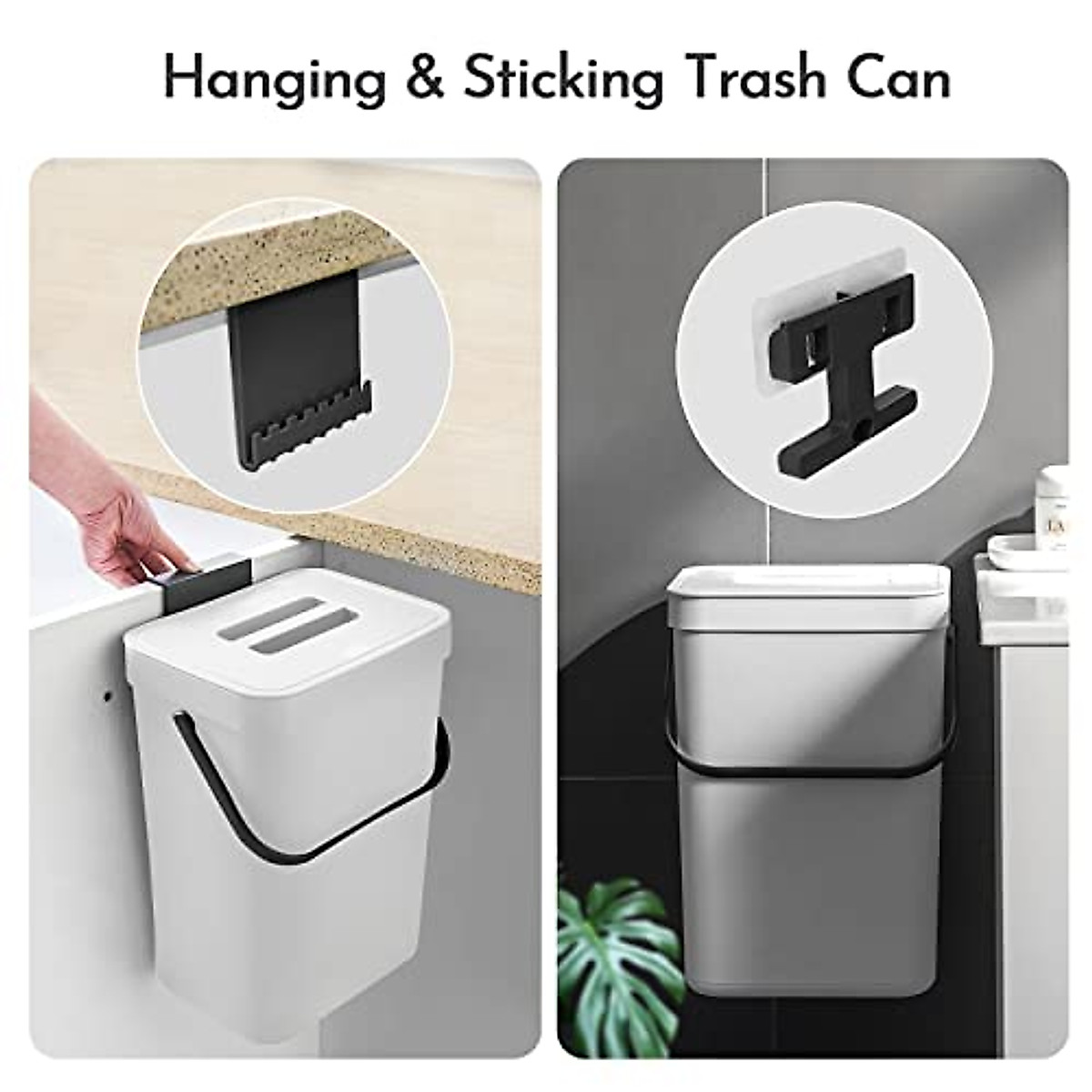 FODISU Hanging Garbage Can with Lid 1.3 Gallon Small Trash Can, 5 Liter Kitchen Compost Bin, Kitchen Hanging Garbage Can for Under Sink or Kitchen Cabinet Door, Wall-Mounted Kitchen Waste Bin