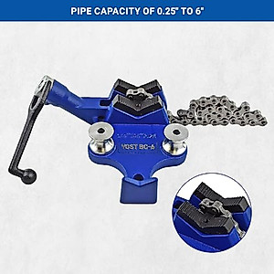 Yost Vises BC-6 Bench Chain Vise | 1/4 Inch to 6 Inch Pipe Clamp Capacity | Work Bench Vise | Heavy Duty Cast Iron Body and Durable Leg Chain | Blue