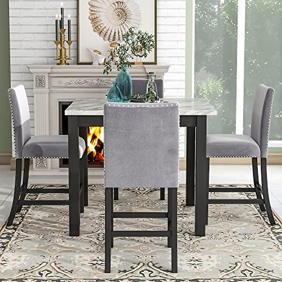 Dinehome 5-Piece Counter Height Dining Set, Square Faux Marble Table with 4 Upholstered Chairs for Small Family Kitchen Living Room Furniture, Gray