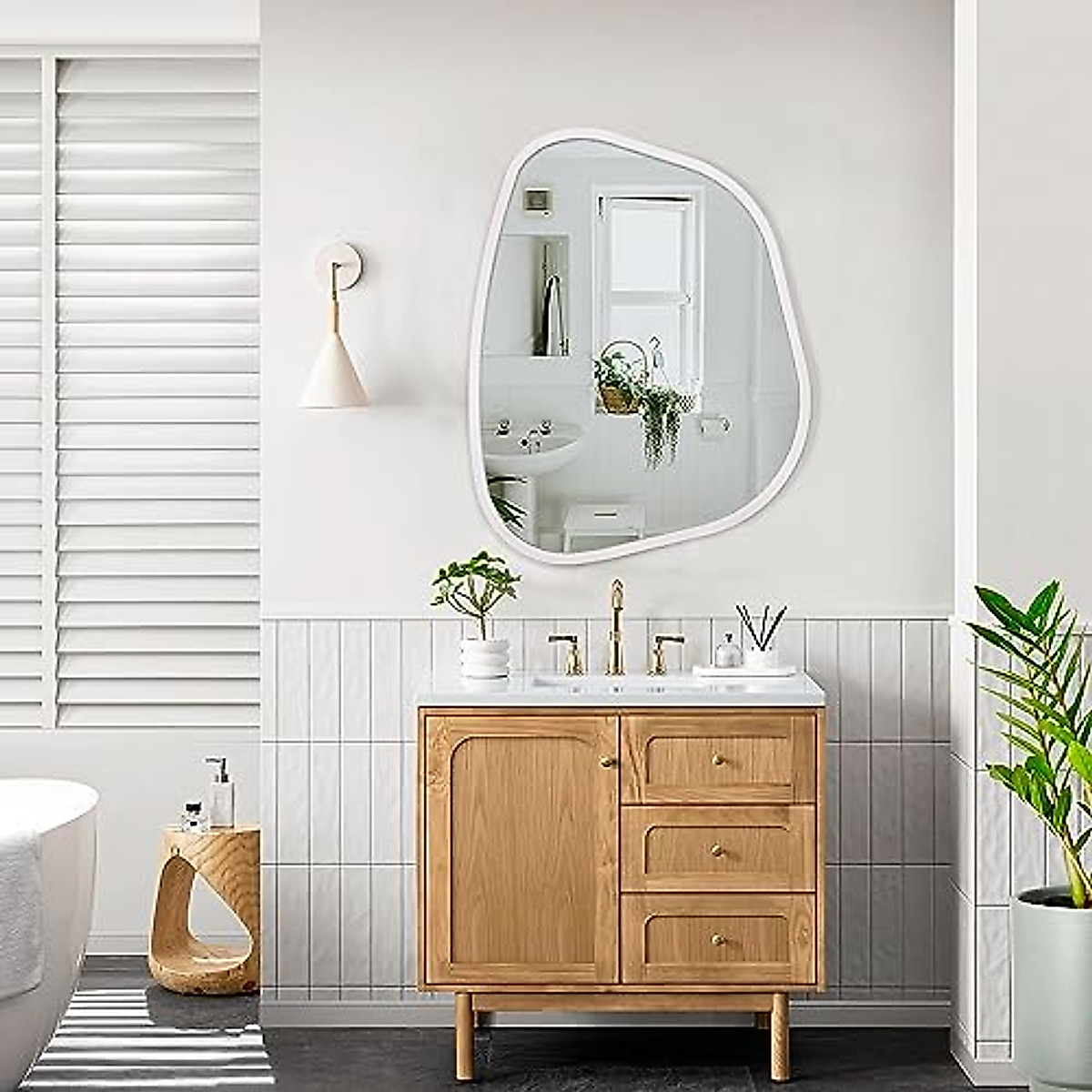 Irregular Oval Wall Mirror Large White 20"x16" Inches Asymmetrical Mirror Modern Wood Frame Unique Shape Wall Mounted Vanity Artistic Mirror Decor for Living Room Bedroom Bathroom Entryway Hallway