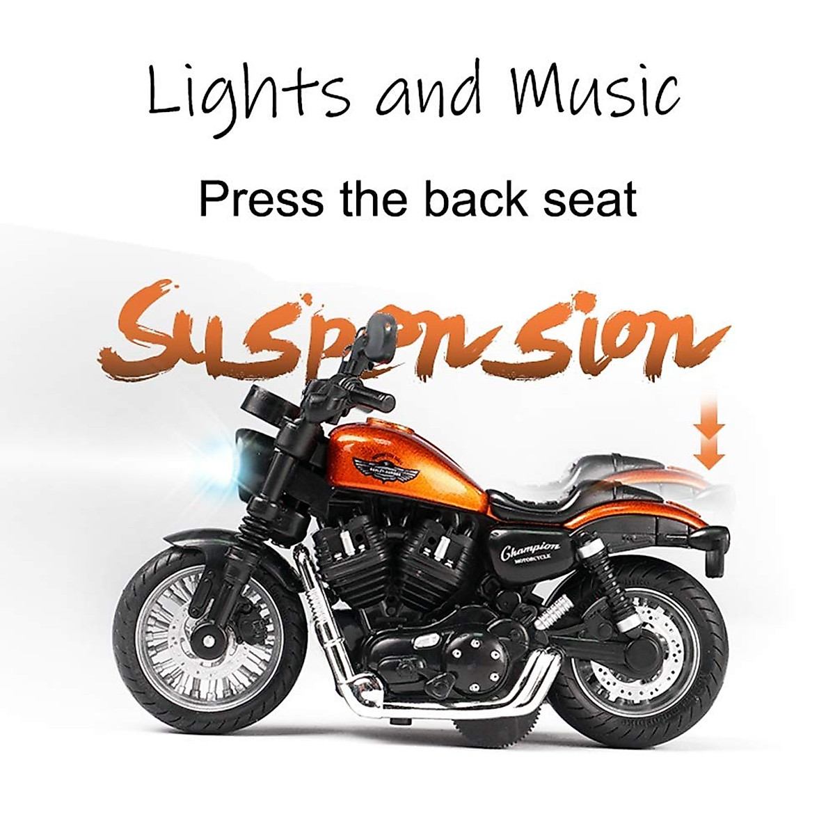 Gilumza Pull Back Motorcycle Toys, Tiny Gift with Music Lighting, Retro Motorcycles Toy for Boys Kids Age 3-12 Year Old (Orange)