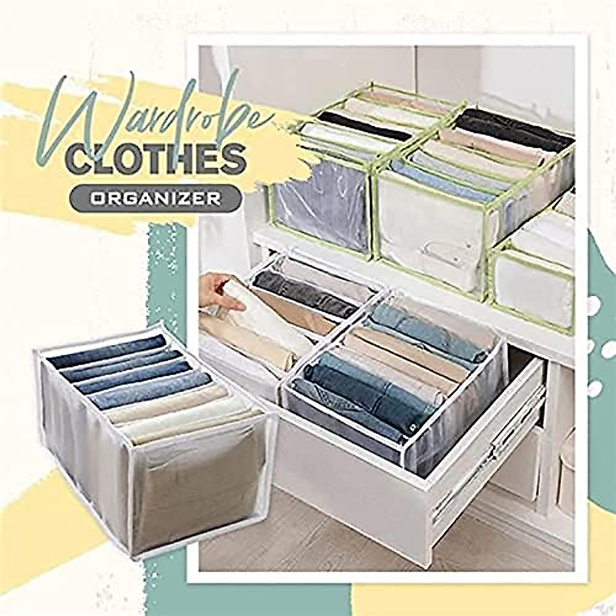 2-Pack Wardrobe Clothes Organizer 7 Grids Visible Closet Underwear/Socks/Leggings/Skirts/Jeans Compartment Storage Box Foldable Washable Separation Drawer Organizers Storage Clothes Bins
