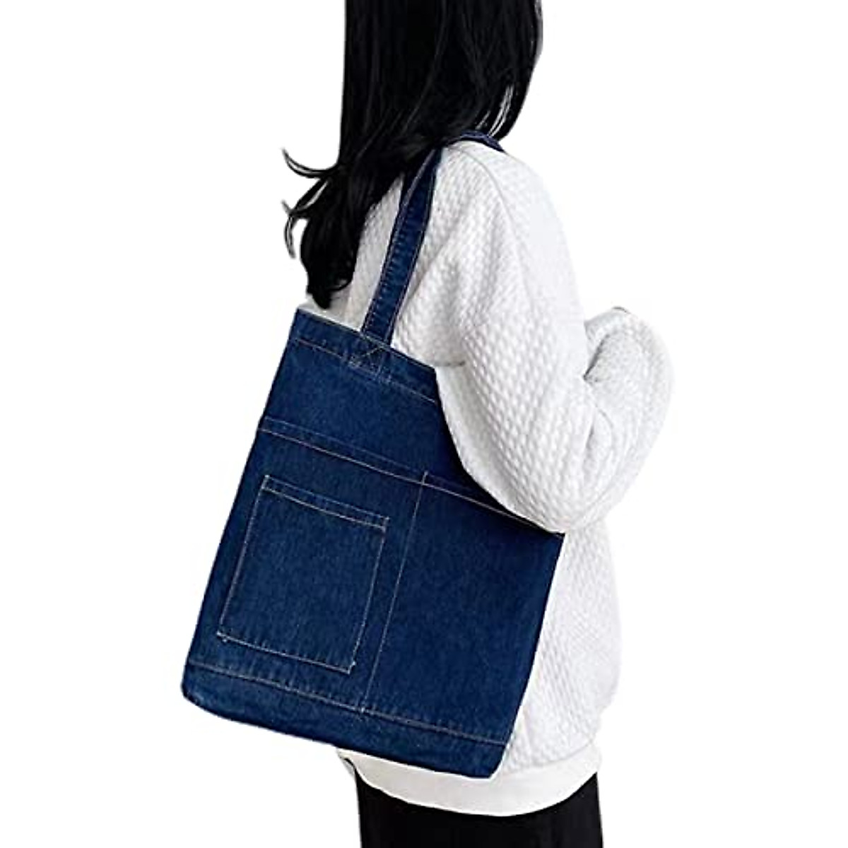 IAMUHI Denim Shoulder Handbag Casual Medium Tote Purse Canvas Shooper Bag School Bag for Women/Girls,Navy Blue