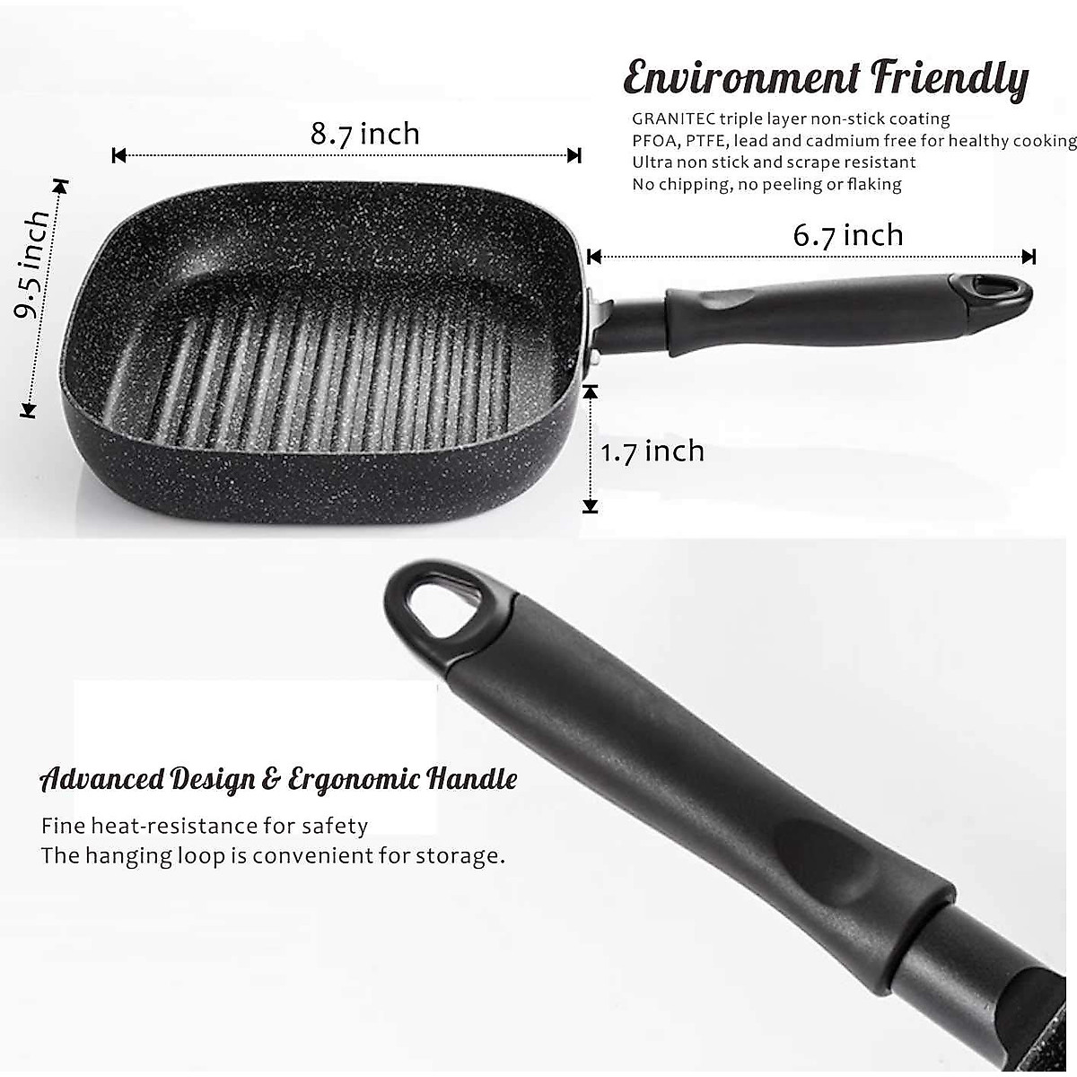 Tafond 9 Inch Deep Square Grill Pan,for Griddle Steak, Aluminum Steak Skillet with Non-Stick Coating, Suitable for Cooktop Dishwasher