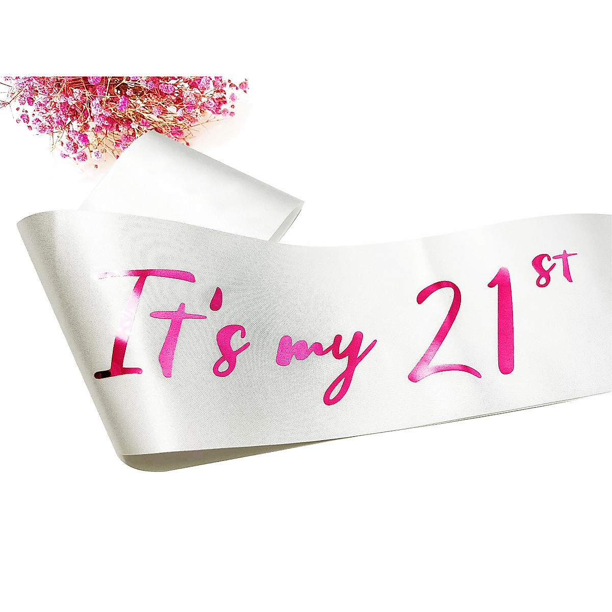 21st Birthday Sash, White Satin Soft Sashes with Pink Foil Letter, Birthday Decorations for Girls Happy 21st Birthday Party Favor Supplies, White Pink