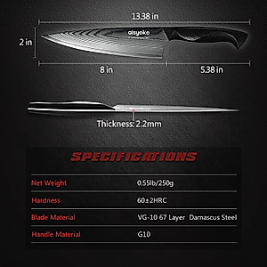 aisyoko Damascus Chef Knife 8 Inch Sharp Kitchen Knife Japan VG-10 Stainless Steel Carbon Ultra Sharp Kitchen Cooking Knife, Ergonomic G10 Handle Deluxe Gift Box