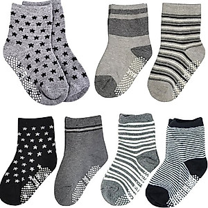 Kakalu 6 Pairs Assorted Non Skid Ankle Cotton Socks Baby Walker Boys Girls Toddler Anti Slip Stretch Knit Stripes Star Footsocks Sneakers Crew Socks with Grip for 16-36 Months Baby