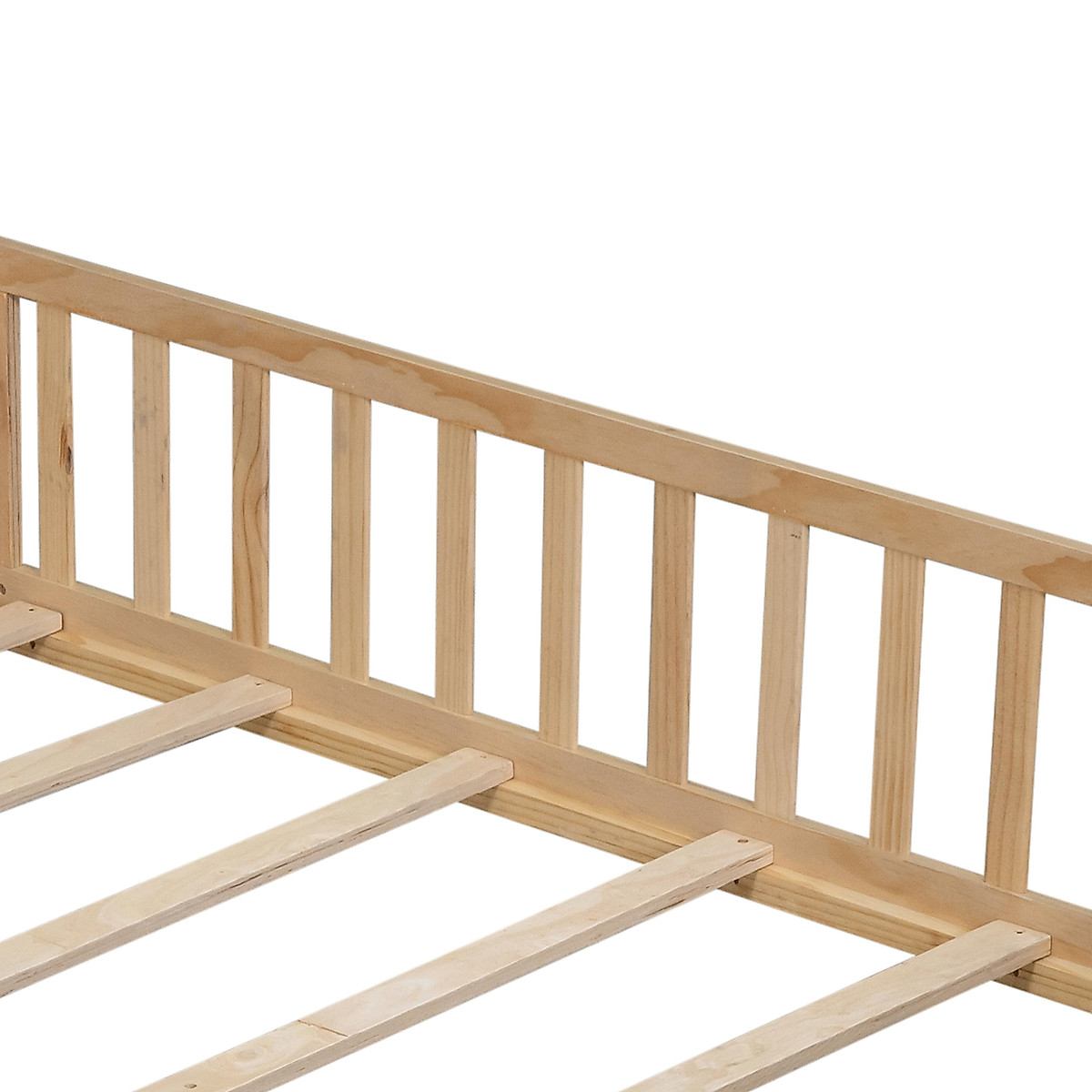 Harper & Bright Designs Floor Bed Full Size Montessori Bed Frame with Fence and Door, Wooden Full Platform Bed for Kids, Boys Girls, Slats Included, No Box Spring Needed, Natural