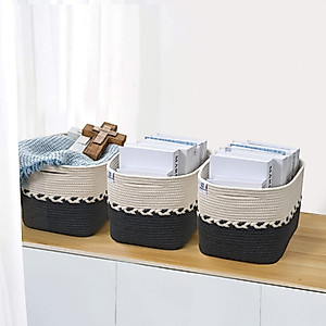 RITHLELA Cotton Rope Cube Shelf Storage Baskets Set of 3, Woven Baskets Fabric Bins Cat Toy Baskets Shelves Nursery Basket for Bathroom Bedroom Dark Grey & White 15"x10"x9" Design