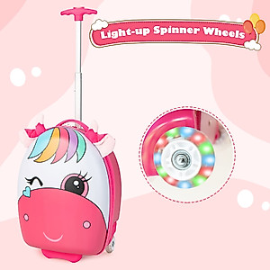 Olakids Kids Luggage, 16’’ Carry On Rolling Suitcase for Girls Boys with LED Flashing Spinner Wheels, Travel Trolley Hardside Case for Toddlers (Pink Pony)