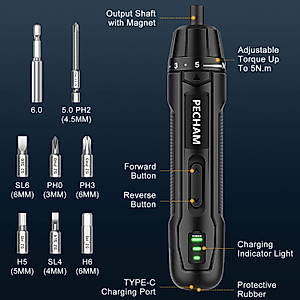 PECHAM Electric Screwdriver,350 RPM, 5 Torque,2000mAh 5N.m, 3.6V Cordless Screwdriver Set,TYPE-C Charging Cable,Manual & Electric,8 Pcs Bits for Electrical Repairs,Automatic Portable Power Screwdriver