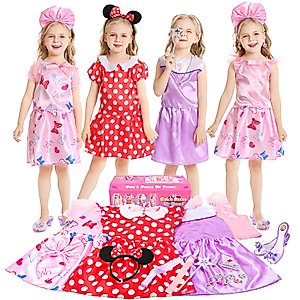 SOLIEHOO Girls Dress Up Princess Dresses, 19 Pcs Girls Dress Up Trunk with 4 Tops 3 Skirts and Princess Shoes, Toddler Pretend Play Costumes Dress Up Clothes for Girls Aged 3 4 5 6