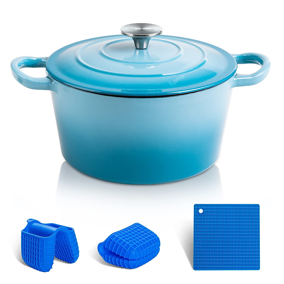 MICHELANGELO Dutch Oven, Cast Iron Dutch Oven 5 Quart, Dutch Oven Pot With Lid, Silicone Handles & Mat, 5 Quart Enamel Dutch Oven Blue