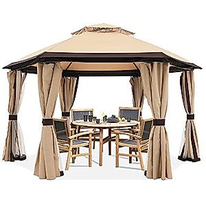 10'x10' Gazebos for Patios Outdoor Hexagonal Gazebo with Netting and Privacy Curtains by ABCCANOPY