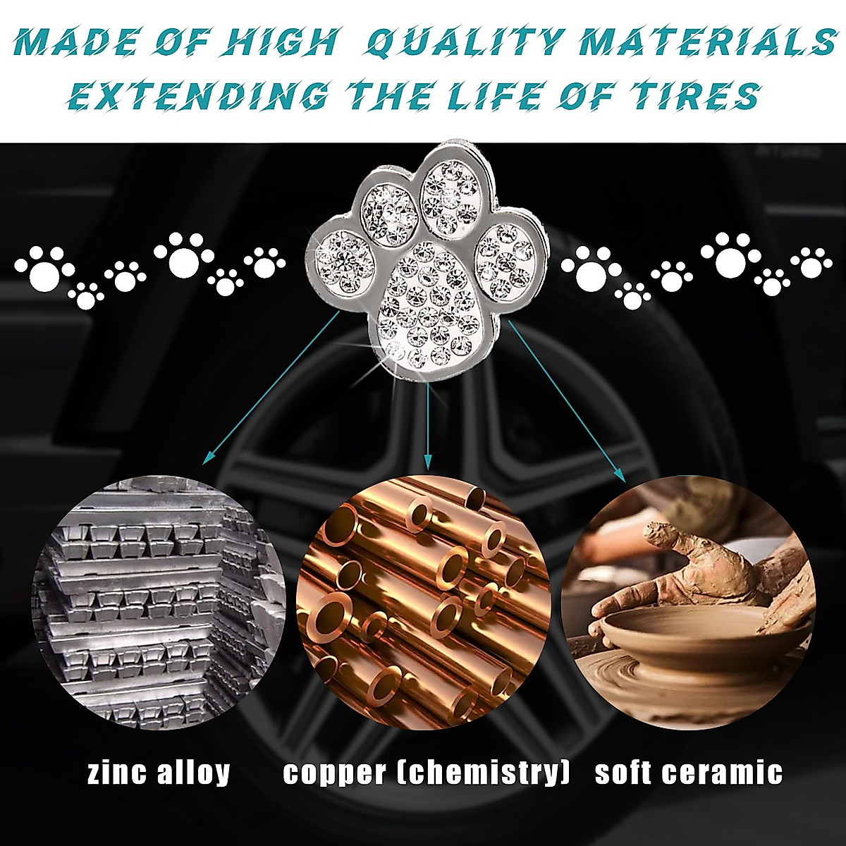 Augeny 4PCS Crystal Paw Tire Valve Caps, Bling Handmade Rhinestone Car Tire Valve Dust Caps with Airtight Seal, Universal Vehicle Tire Rim Valve Stem Covers for Women and Girls (White)