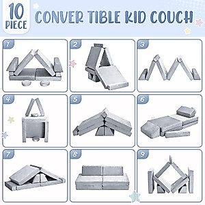 Mmucco Kids Play Couch, 10Pcs Toddler Couch, Kids Sofa Couch, Play Couch Sofa Playroom Bedroom,Modular Kids Couch for Playing, Creativing, Sleeping (Grey)