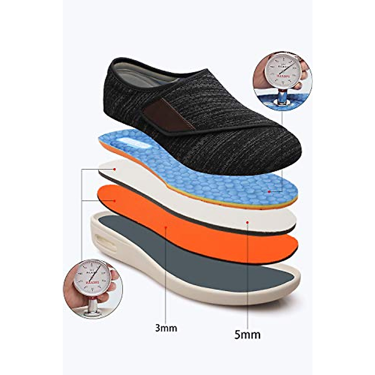 Grigobu Womens Diabetic Shoes Adjustable Breathable Light Antiskid Edema of Fasciitis bunions Arthritis Swollen feet Walking Shoes 44 Black/Grey