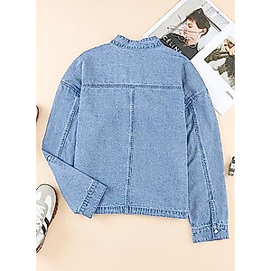 Dokotoo Jean Jackets for Women Cropped Jackets Fashion Spring Fall 2023 Casual Long Sleeve Utility Cargo Denim Jacket Button Down Trucker Shacket Jackets Coat with Pockets Sky Blue Medium
