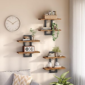 HOOBRO Floating Shelves, 15 Inch Wall Shelf Set of 3, Wall Mounted Storage Shelves 2-Tier, Hanging Bathroom Shelves, for Living Room, Bedroom, Bathroom, Kitchen, Rustic Brown and Black BF32BJP301