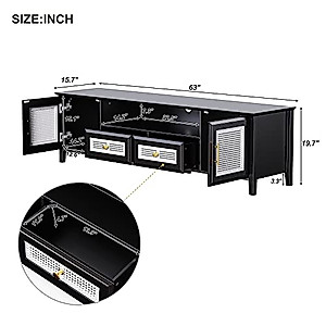LZ LEISURE ZONE Farmhouse Rattan TV Stand for TVs up to 65", Boho Style Entertainment Center with Gold Metal Handles, Modern TV Console Table with Drawers and Cabinets for Living Room, Black