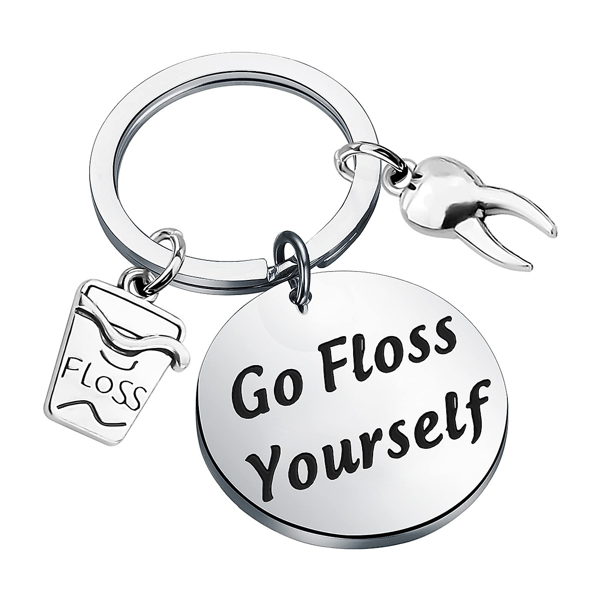 POTIY Funny Dentist Dental Hygienist Gift Dentist Jewerly Go Floss Yourself Keychain Dental Keychain Dentists Floss and Tooth Charm Keychain Gift (keychain)