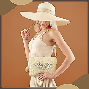 Bride Straw Shoulder Bag Woven Envelope Wallet Pearl Rhinestone Wedding Vacation Purse Honeymoon Bridal Shower Gift for Bride (Bride White Style)